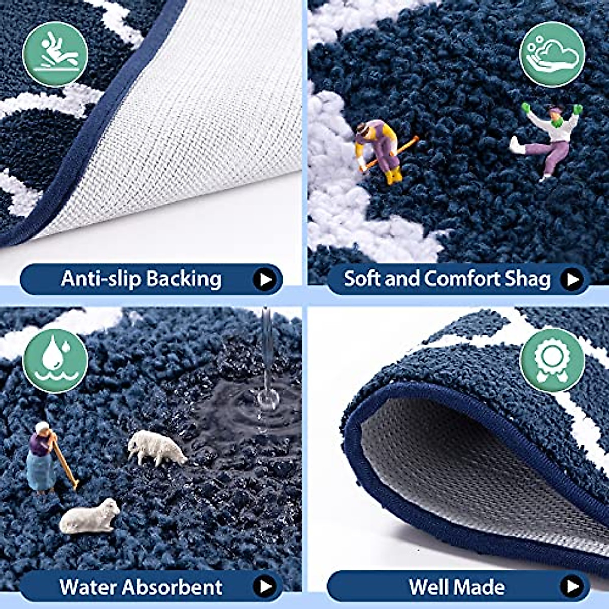 Carvapet 2 Pieces Microfiber Moroccan Trellis Non-Slip Soft Kitchen Mat Bath Rug Doormat Runner Carpet Set (17"x48"+17"x24", Navy)