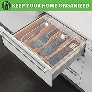 QINOL Silverware Tray with Lid, Utensil Drawer Organizer for Kitchen Countertop, Wooden Flatware Organizers and Storage Holder, Bamboo