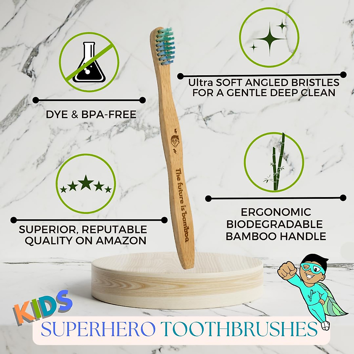 The future is bamboo Super Hero Kids Toothbrush - Made from Sustainable Bamboo for a Natural & Eco-Friendly Feel, Soft Wave Bristles, Biodegradable Wooden Handle | (Pack of 4, Super Hero)