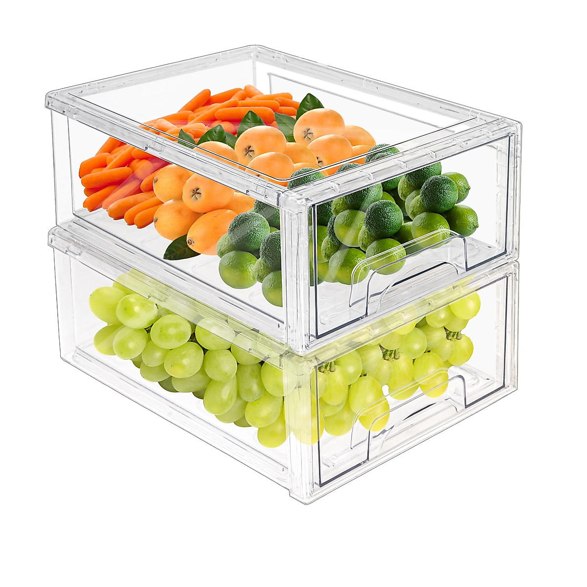 MANO 2Pack Clear Fridge Drawers Pull Out Stackable Refrigerator Drawer Organizer Bins Pantry Storage Box Plastic Food Containers for Kitchen Bathroom Office Closet (2pack Large)