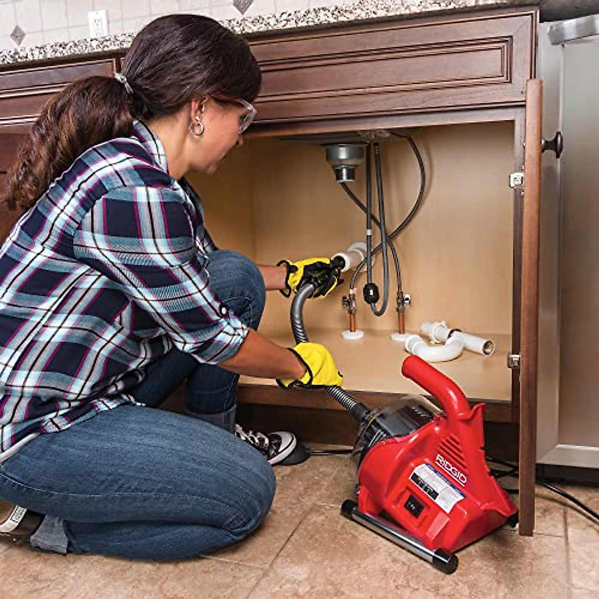RIDGID PowerClear 120-Volt Drain Cleaning Machine Kit for Tubs, Showers, and Sinks,Red
