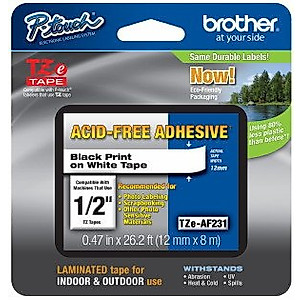 2/Pack Genuine Brother 1/2" (12mm) Black on White Acid Free Adhesive TZe P-Touch Tape for Brother PT-1090, PT1090 Label Maker