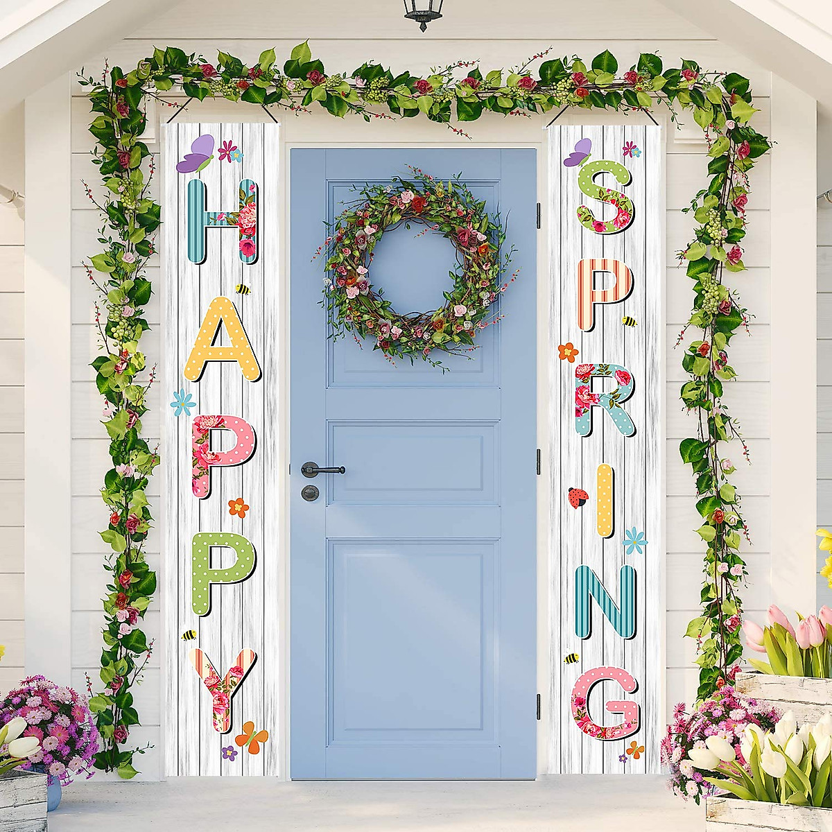 ORTIGIA Happy Spring Banner for Outdoor Colorful Floral Butterflies Porch Sign Decorations Outdoor Indoor Vintage Holiday Hanging Flags Wall Decor for Front Door Home Party Supplies