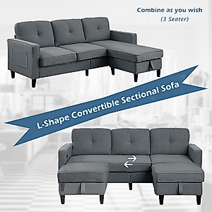 Sectional Sofa for Living Room 76inch Small Space Couches 3 Seater Sofa L shaped Chaise Loveseat Linen Fabric Comfy Couch Chairs with Reversible Ottoman Bench for Home, Apartment, Dorm, Office (Grey)