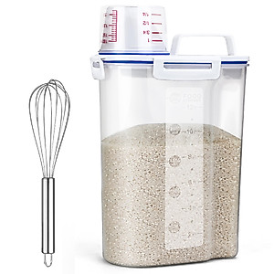 Uppetly Rice Airtight Dry Food Storage Containers, BPA Free Plastic Sealed Holder Bin Dispenser with Pouring Spout, Measuring Cup for Cereal, Flour and Oatmeal, Include a Stainless Steel Whisk