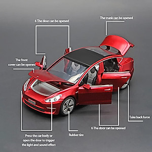 1:32 Scale Model 3 Car Toy Pull Back with Sound and Light, Alloy Diecast Mini Vehicles Toys for Kids Gift or Tesla Car Model Collection Enthusiasts Gift (Brilliant Red)