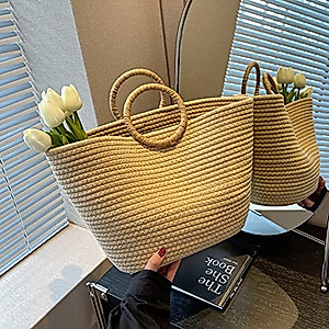 GETERUUV Beach Tote Bag Large Woven Designer Handbag for Women Woven Cotton Rope Tote Bag Aesthetic Top Handle Summer Beach Tote for Vacation Travel