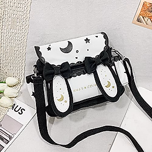 JQWYGB Japanese School Bag Kawaii Backpack Aesthetic with Cute Bow Tie Ear, Womens Girls Moon Star Printed Ita Bag Shoulder Messenger Bag for School (Black)