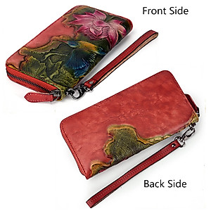 NASTASSA Wallets for Women Embossed Flower Handmade Leather Wallet Cell Phone Clutch Holder Purse (Red)