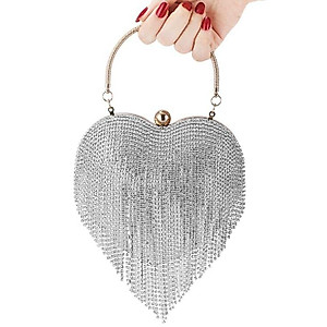 WANLIAN Women Luxury Cute Heart Shape Tassel Evening Clutch Bag Rhinestones Wedding Party Purse Handbag Evening Bags