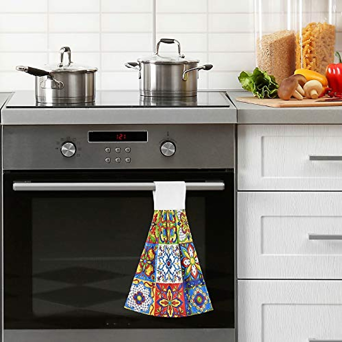 Qilmy Mexican Talavera Ceramic Tile Kitchen Towels, 2PCS Super Soft Absorbent Hanging Hang Towels or Dishcloths, Bathroom Hand Towels 12x17Inches