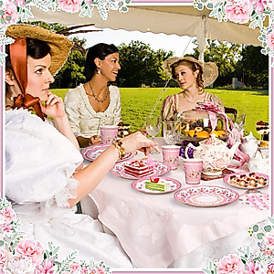 400 Pcs Tea Party Plates and Cups and Napkins Sets Flower Plates and Napkins Party Supplies Tea Party Decorations Disposable Dinnerware Set for Birthday, Baby Shower, Wedding, Bridal Shower