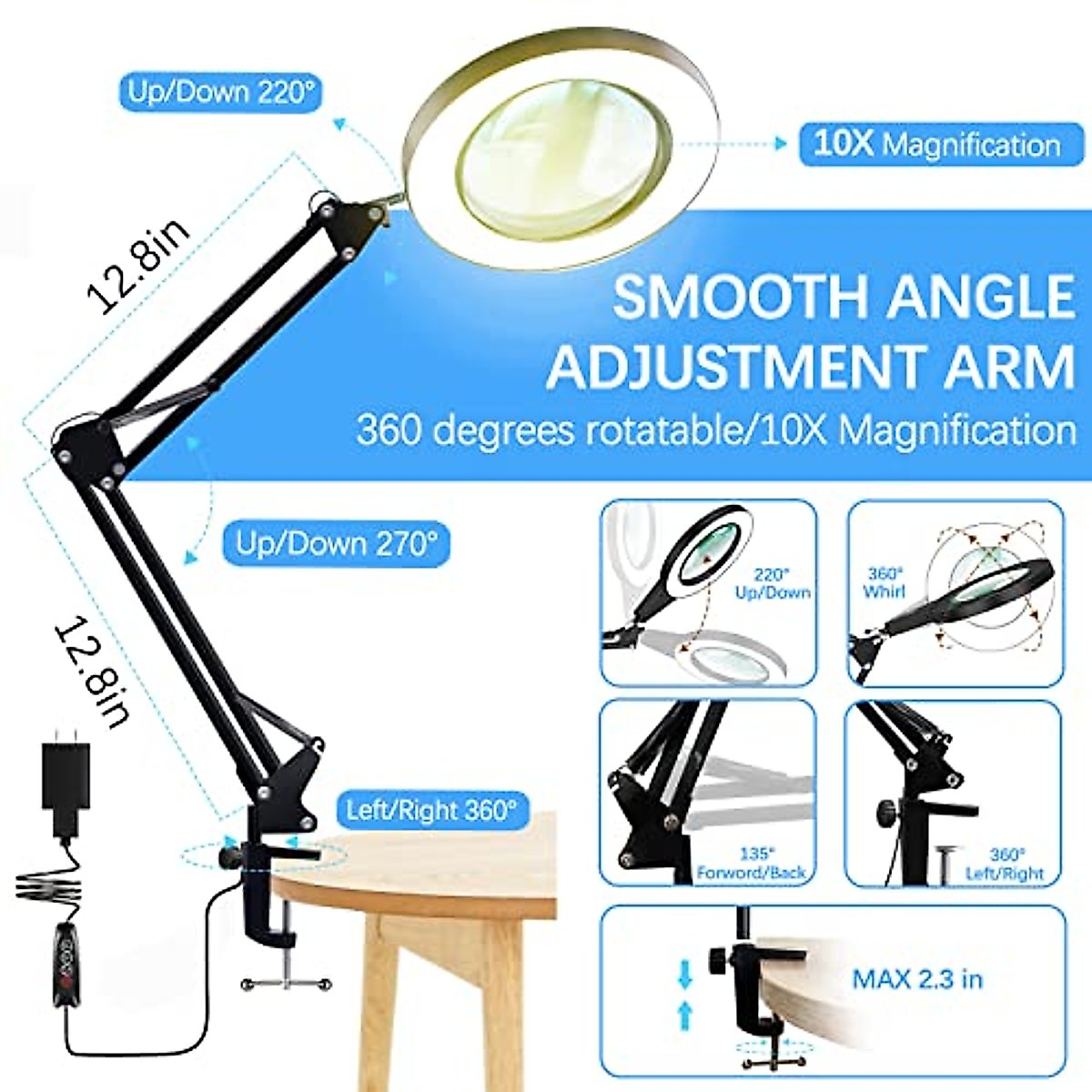 10X Magnifying Glass Lamp, Adjustable Swing Arm 72 LEDs Real Glass Lens Magnifier Light,3 Color Modes 10 Stepless Dimmable,Perfect for Daily Reading,Hobbies, Crafts, Workbench (Black)