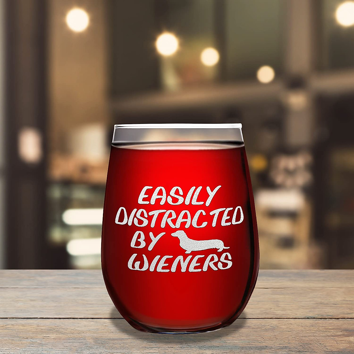 Cuptify Easily Distracted by Wieners Etched on 17 oz Stemless Wine Glass Funny Dachshund Gift for Women, Men Wiener Dog Lovers