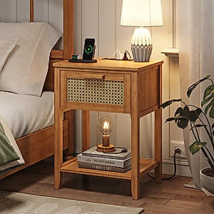 VIAGDO Nightstand with Charging Station, Bamboo End Table, Bedside Table with Rattan Drawer, Night Stand for Bedroom, Natural