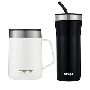 Contigo Insulated Tumblers Travel Mug Set - Streeterville 14 oz. Stainless Steel Tumbler with Handle in Salt White and SNAPSEAL 16 oz. Insulated Stainless Steel Travel Mug in Licorice