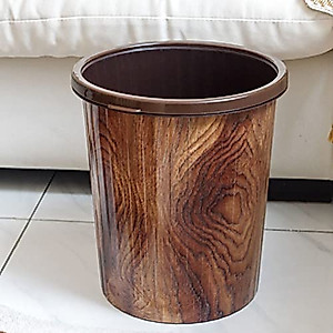 Angoily Trash Can with Pressing Ring 10L Imitation Wood Grain Waste Basket Garbage Can Rubbish Bin Flower Pot Toys Bucket for Home Office Brown