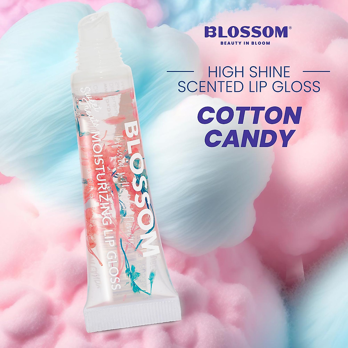 Blossom Flower Lip Gloss, High Shine Lip Gel, Scented, Thick Moisturizing Clear Lip Gloss Tubes with Nourishing Jojoba Seed Oil, Infused with Real Flowers, 0.3oz, Cotton Candy