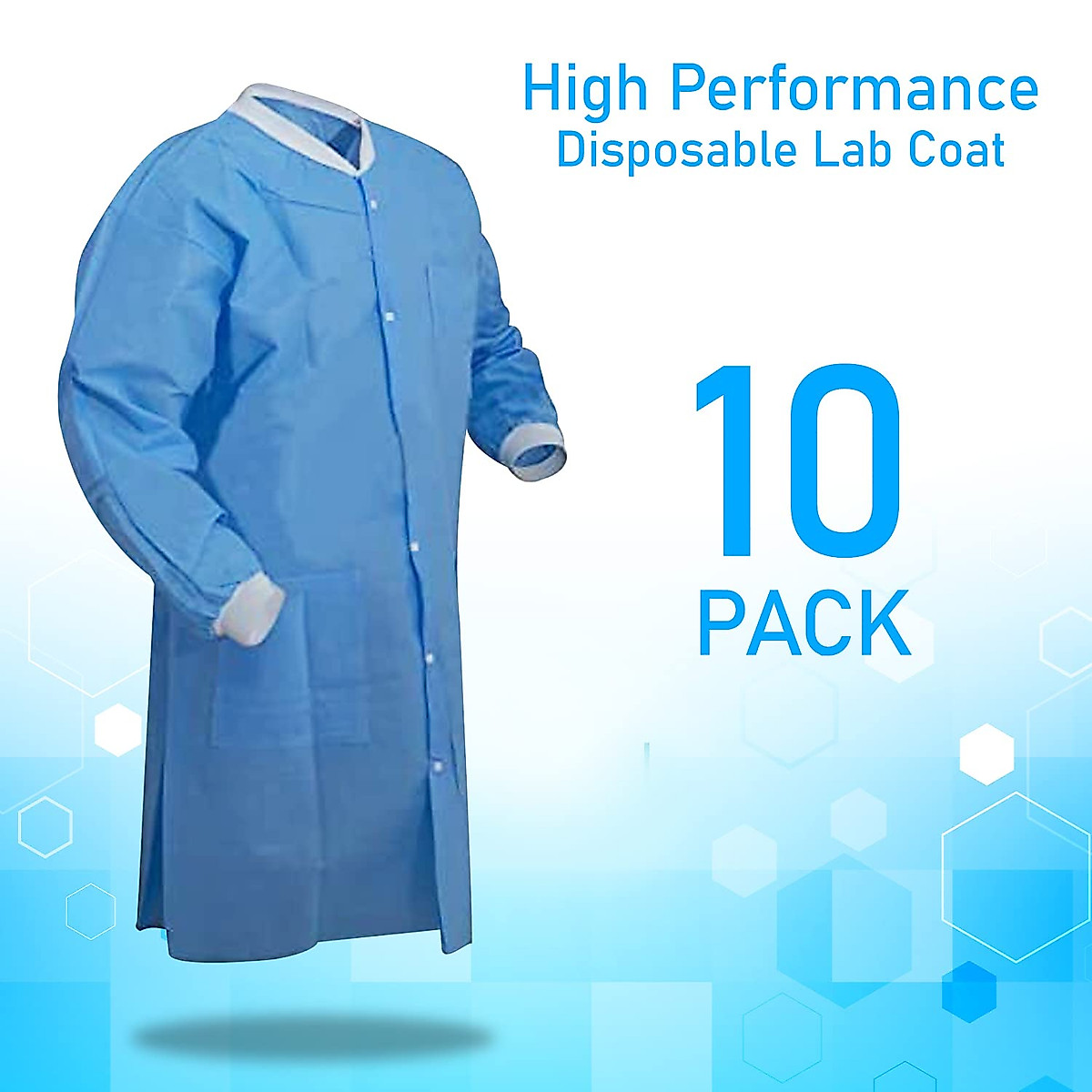 EOM Disposable Lab Coats - Lab Coats for Men and Women - Knee Length Lab Coat with Knit Cuffs and Collar - Medical Lab Jacket for Adults - Pack of 10, (Large Size)