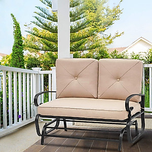 SOLAURA Patio Loveseat Outdoor Glider Swing Chair Patio Seating Dark Brown Wrought Iron Frame Lawn Chair with Thick Bench Cushions, Brown