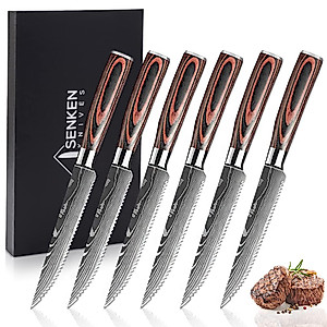 SENKEN Professional Steak Knife Set with Damascus Pattern - Razor Sharp Serrated Stainless Steel & Wood Handle (Steak Knives Set of 6)