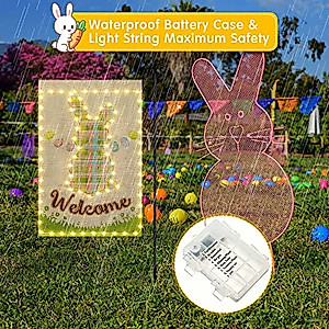 Easter Garden Flag with LED string lights 12x18 Inch Double Sided Waterproof 8 Modes Lighted Garden Flag Bunny Eggs Vertical Burlap Spring Garden Flags for Lawn Yard Decoration