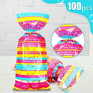 Keeoye 100 Pieces Mexican Fiesta Party Candy Bags Halloween Day of the Dead Treat Bags Cinde Mayo Cellophane Goodies Bags with 100 Silver Twist Ties for Fiesta TaBar (Keeoye-Party Favors-0718)