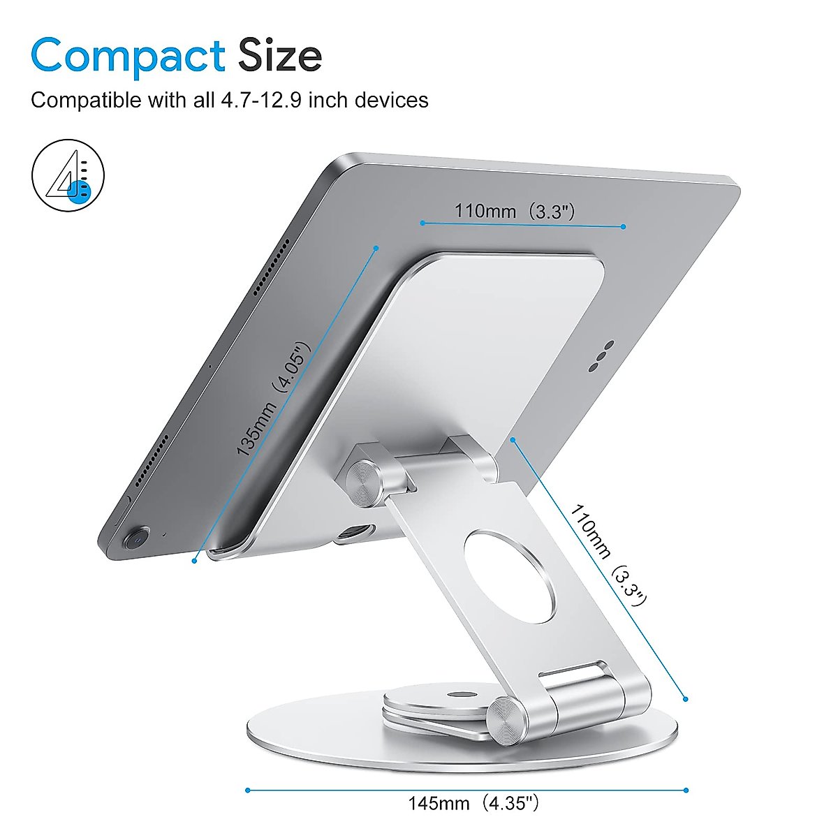 OMOTON Swivel Tablet Stand for iPad with 360 Rotating Base, Foldable Adjustable Holder for Drawing, Compatible with iPad Pro/Air/Mini and More, Silver