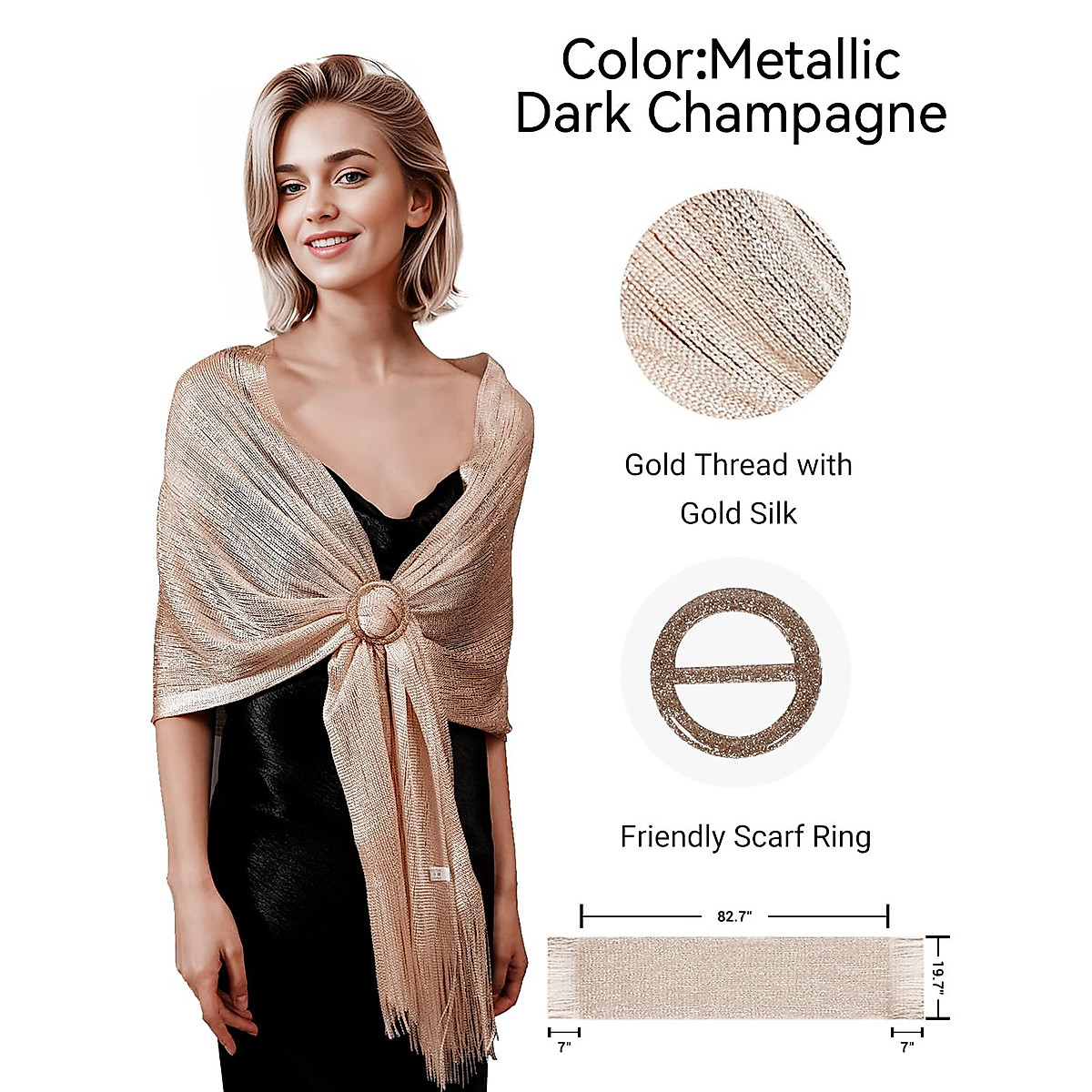 MissShorthair Women's Sparkle Shawls and Wraps for Party Dresses 01 Champagne Gold