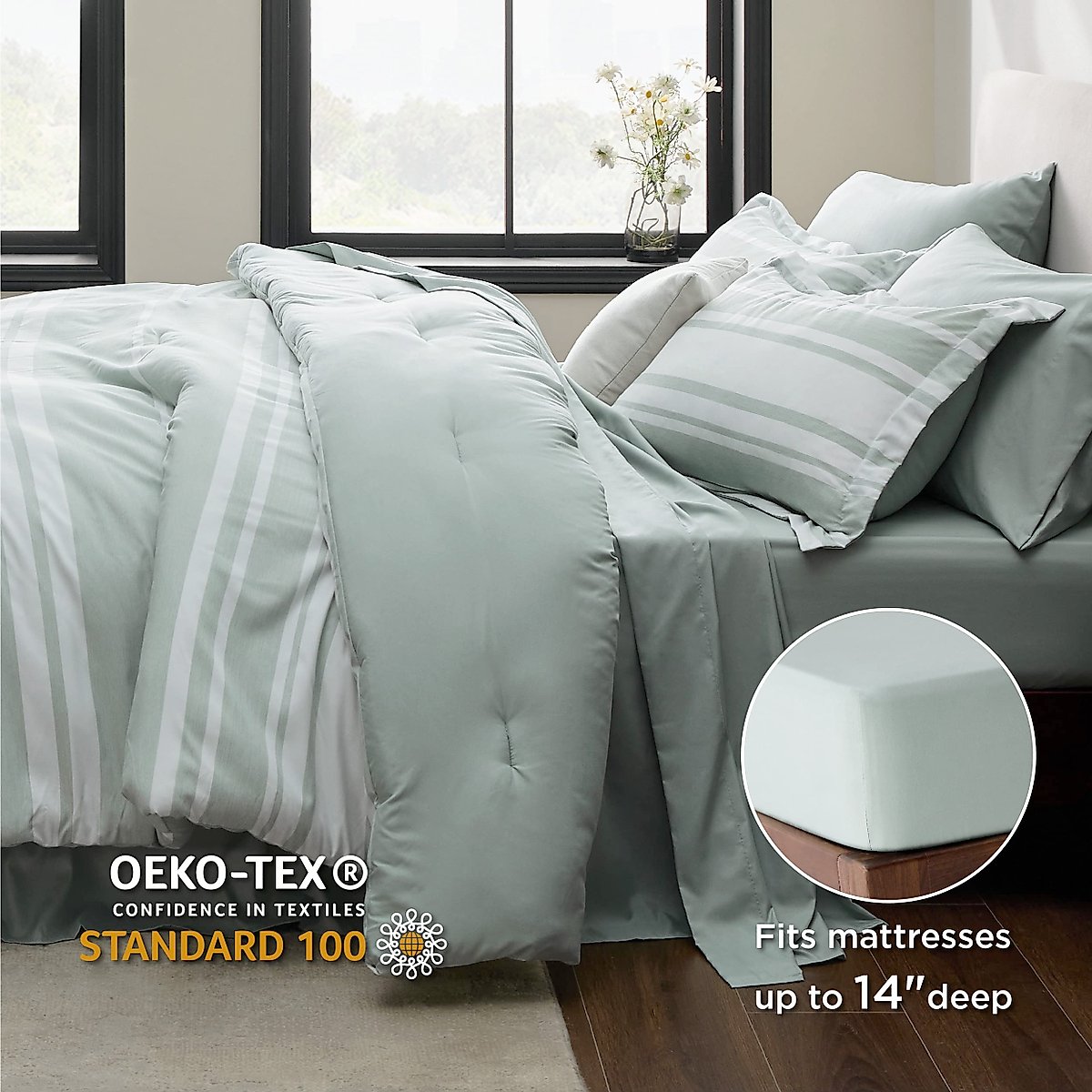 Bedsure Twin Comforter Set 5 Pieces, Sage Green Striped Bedding Set for Twin Size Bed Reversible, Cationic Dyeing Bed in a Bag with Comforter, Sheets, Pillowcase & Sham