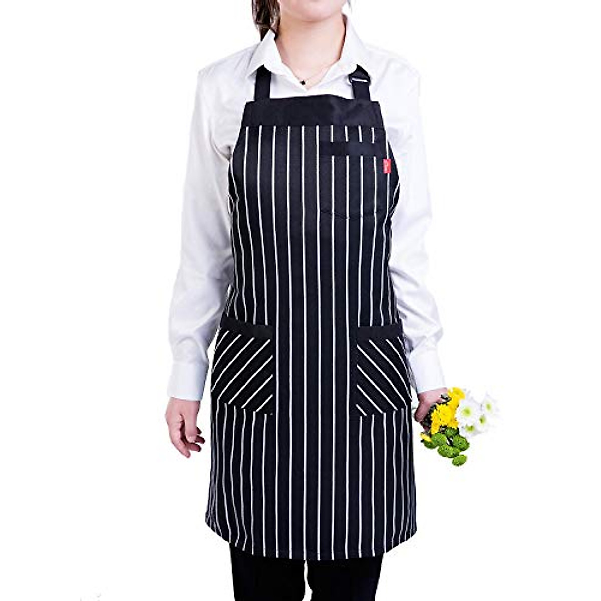 ALIPOBO Aprons for Women and Men, Kitchen Chef Apron with 3 Pockets and 40" Long Ties, Adjustable Bib Apron for Cooking, Serving - 32" x 28" - Black/White Pinstripe - 1 Pcs