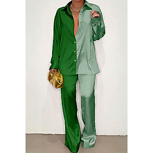 PRETTYGARDEN Women's 2 Piece Satin Outfits Long Sleeve Button Down Tops Wide Leg Pants Silk Loungewear Pajama Sets (Grass Green_Light Green,Medium)