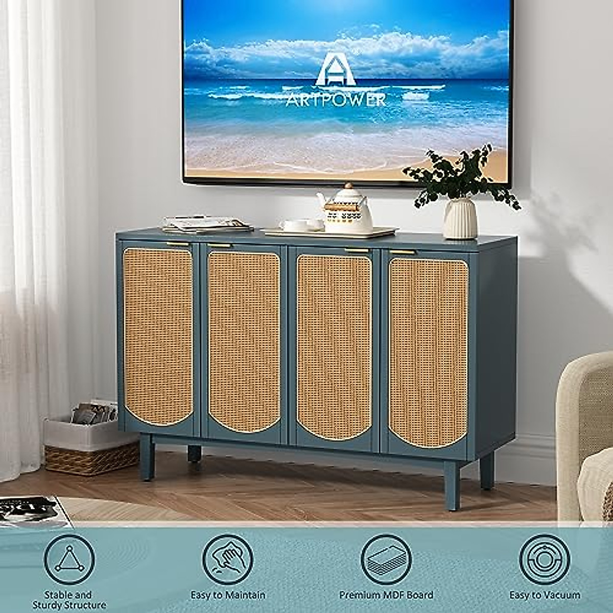 ARTPOWER Sideboard Buffet Cabinet with 4 Rattan Doors, Accent Storage Cabinet with Shelves, Free Standing TV Console Table, Modern Teal Credenza for Kitchen, Dining Room, Living Room, Hallway