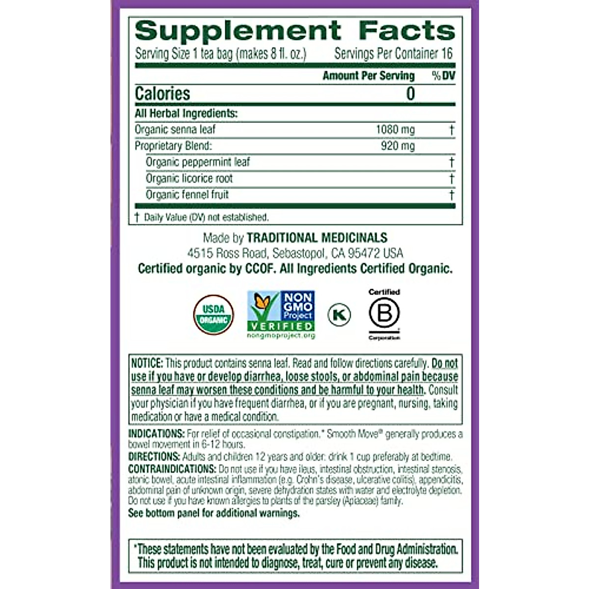 Traditional Medicinals Organic Smooth Move Senna Peppermint Herbal Tea, Relieves Occasional Constipation, (Pack of 4) - 64 Tea Bags