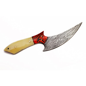 NUSHBA 017 Handmade Fixed Blade Hunting Skinner Knife, Damascus Steel Blade, Camal Bone Handle -Best Hunting Knife with Cow Brown Leather Sheath