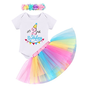 Baby Girl Toddler Kids Rainbow 2nd Birthday Cake Smash Outfit Cotton Short Sleeve Romper Princess Tutu Tulle Skirt Flower Headband 3pcs Two Years Old Party Photo Shooting Summer Clothes Colorful