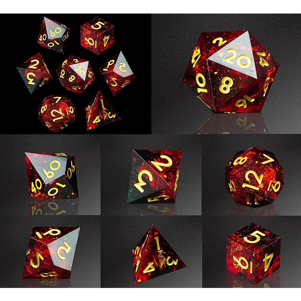 ATNPNTR DND Dice Set Sharp Edge Polyhedral Inclusions for Tabletop Role Playing Game TTRPG Dungeons & Dragons Beautiful Aesthetic Conscious RPG Player Red Ruby