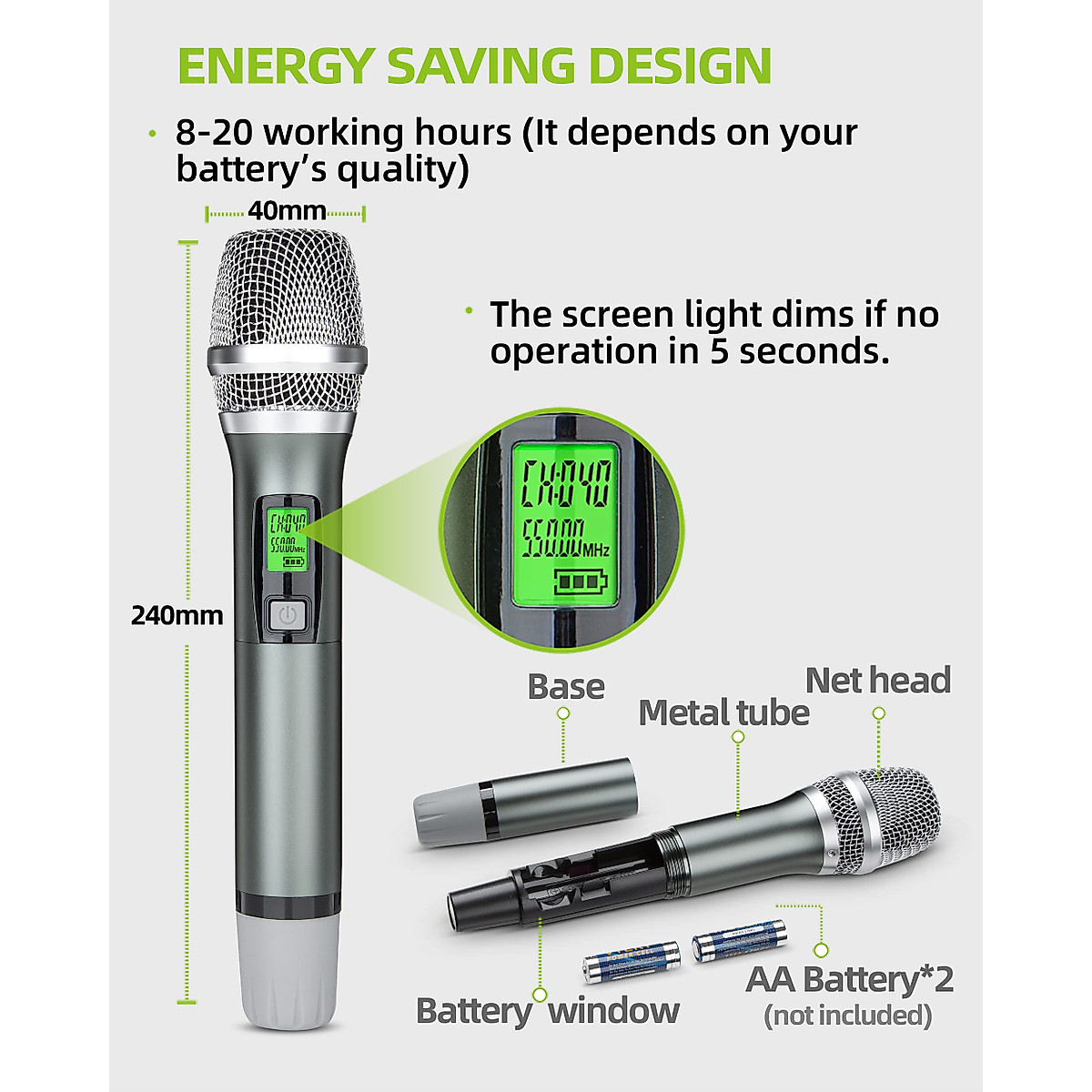 Kimyah Wireless Microphone System, All Metal Dual UHF Cordless Mics of Handheld, 328ft Range, Ideal for Church, Conference and Karaoke, DJ, Wedding(KY-8208)