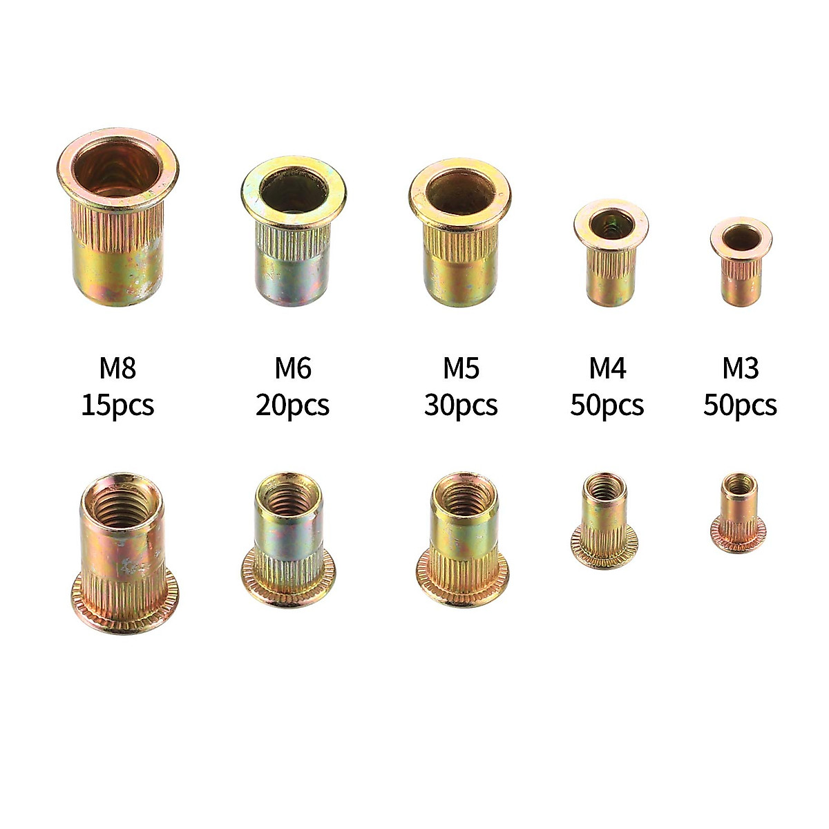 165 Pcs Rivet Nut Kit, Carbon Steel Flat Head Threaded Inserts, Heavy Duty Threaded Insert Rivet Nuts with Knurled Body Assorted in Metric M3/M4/M5/M6/M8 Rivnuts Nutserts