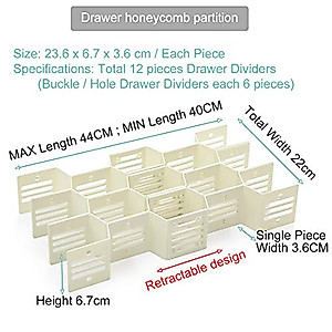 COOLFUNLIFE Plastic Partition Honeycomb Shape Drawer Dividers, Underwear Socks Bras Ties Belts Scarves, Bee Style Household Closet Storage Cabinet Clapboard DIY Drawer Organizer Divider - White