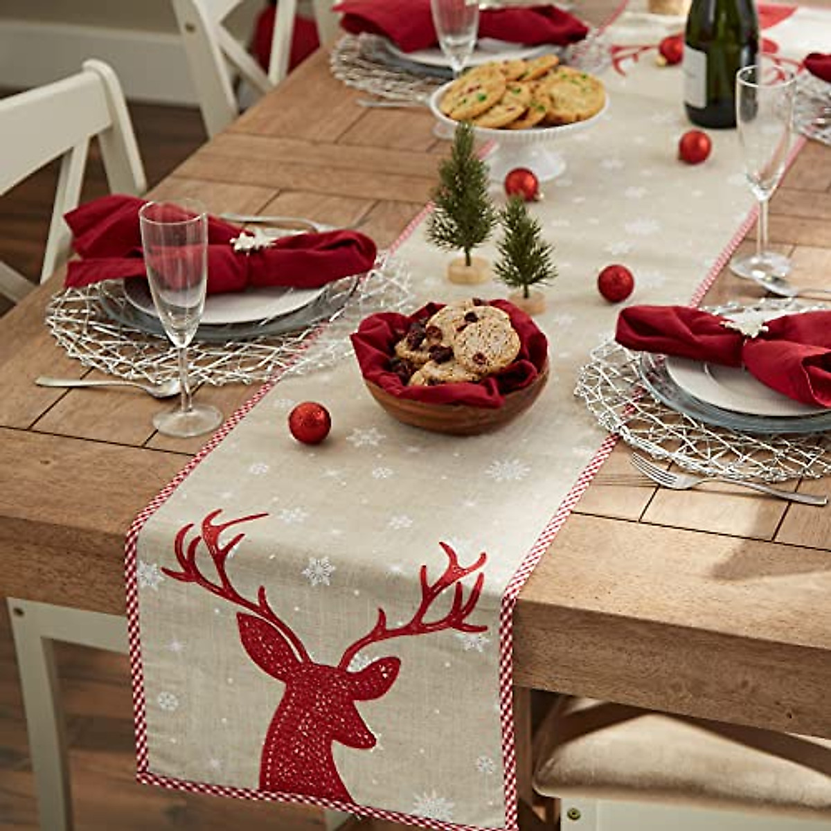 DII Holiday Dining Table Decoration Embroidered Christmas Table Runner, 14x70, Red Reindeer & Snowflakes