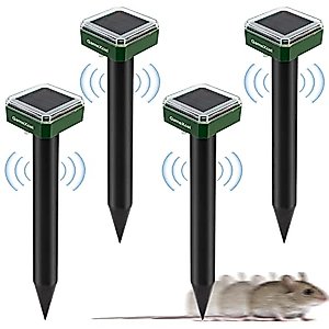 Solar Mole Repeller Gopher Repellent Ultrasonic Solar Powered 4pcs Pest Repeller for Mole Repeller Rodent Gopher Deterrent Vole Chaser for Lawn Yard & Garden of Outdoor Use 4 Packs