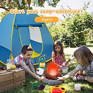 MITCIEN Pretend Camping Toys Play Set, Campfire, Play Food Toy Food for Kids with Oil Lantern, Pretend Fruits Vegetables Cutting, S'Mores, Indoor Outdoor Toys for Toddler