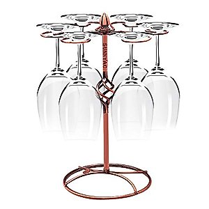Sunnyac Scrollwork Bronze Wine Glass Rack, Elegant Freestanding Stemware Holder Stand with 6 Hooks, For Home and Bar Storage and Artistic Tabletop Display, Spiral-style（Bronze 1）