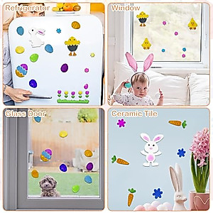 4Pcs Easter Window Clings for Glass Windows, Easter Decorative Gel Window Clings for Kids, Colorful Printed Easter Stickers with Bunny Carrot Egg Chick Flowers Clear Stickers, Removable Holiday Decals