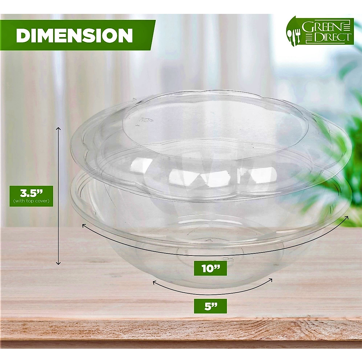 Green Direct 64 oz. Salad Containers with Lids - Pack of 10 | Clear Plastic Salad Bowls for Lunch, Serving, and Mixing