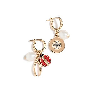 Tory Burch Women's Charm Hoop Earrings, Tory Gold/Cream/Crystal, One Size