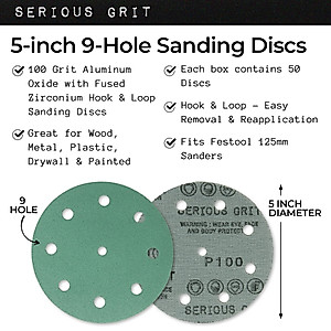 Serious Grit - 5-Inch 9-Hole 100 Grit Sanding Discs - Heavy-Duty Hook & Loop Film Discs - Sandpaper for Random Orbital Sanders - 50 Pack Box