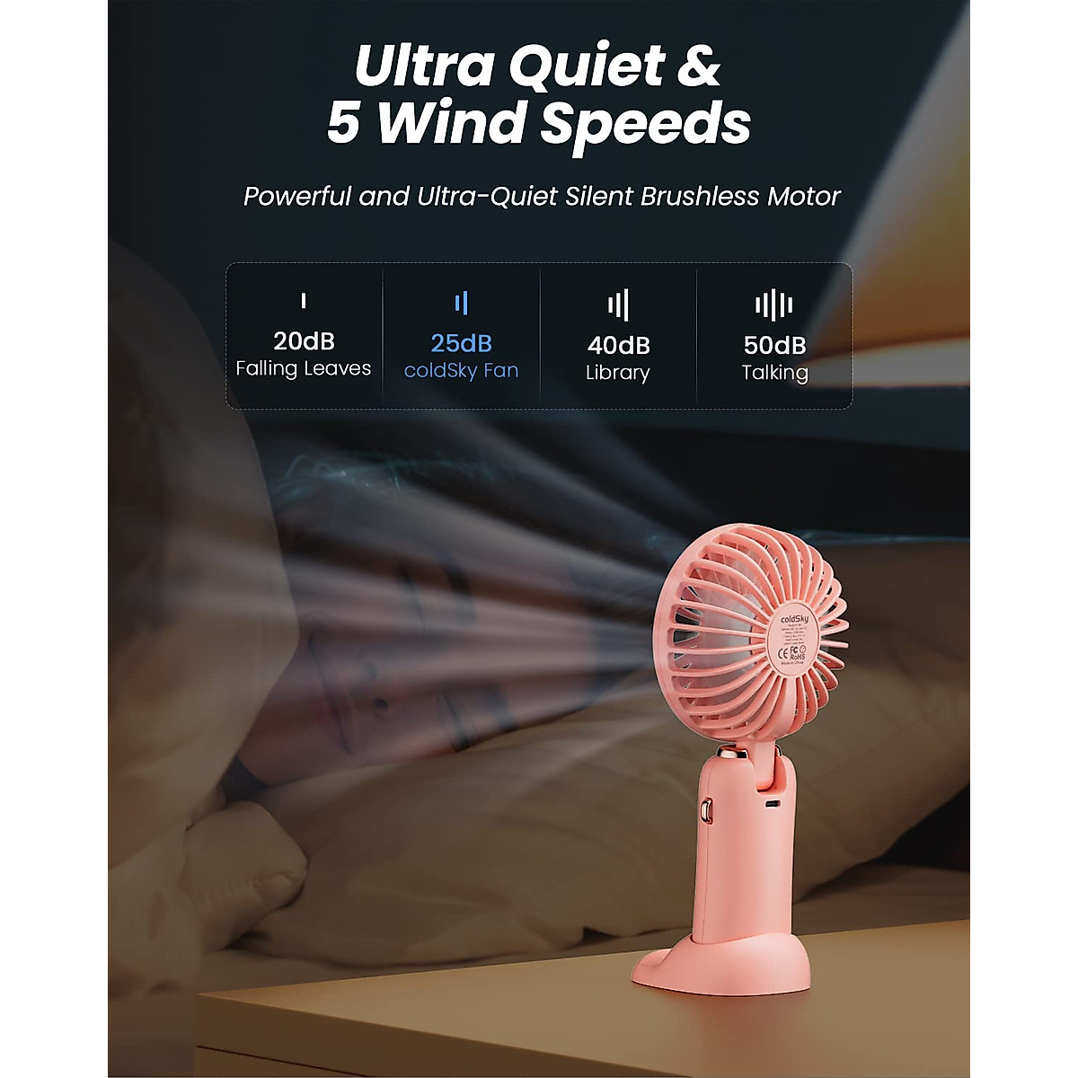coldSky Portable Handheld Fan, 4000mAh Battery Operated Fan with LED Display, Handheld/Neck/Desk 3 in 1 Personal Small Fan, 90° Foldable Desk Fan with Base, 5 Speed Lash Fan Makeup Fan for Women
