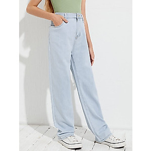 thefabland Girls Casual Denim Pants High Waisted Wide Leg Jeans with Pocket Light Blue